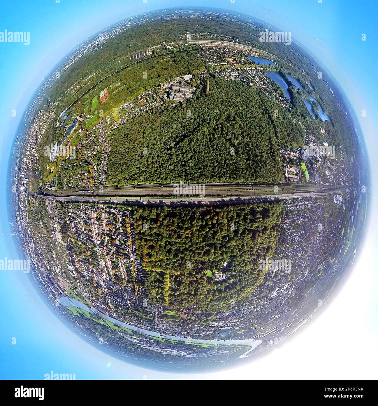 Aerial view, forest area Buchholz, divided by highway A59 and railway ...