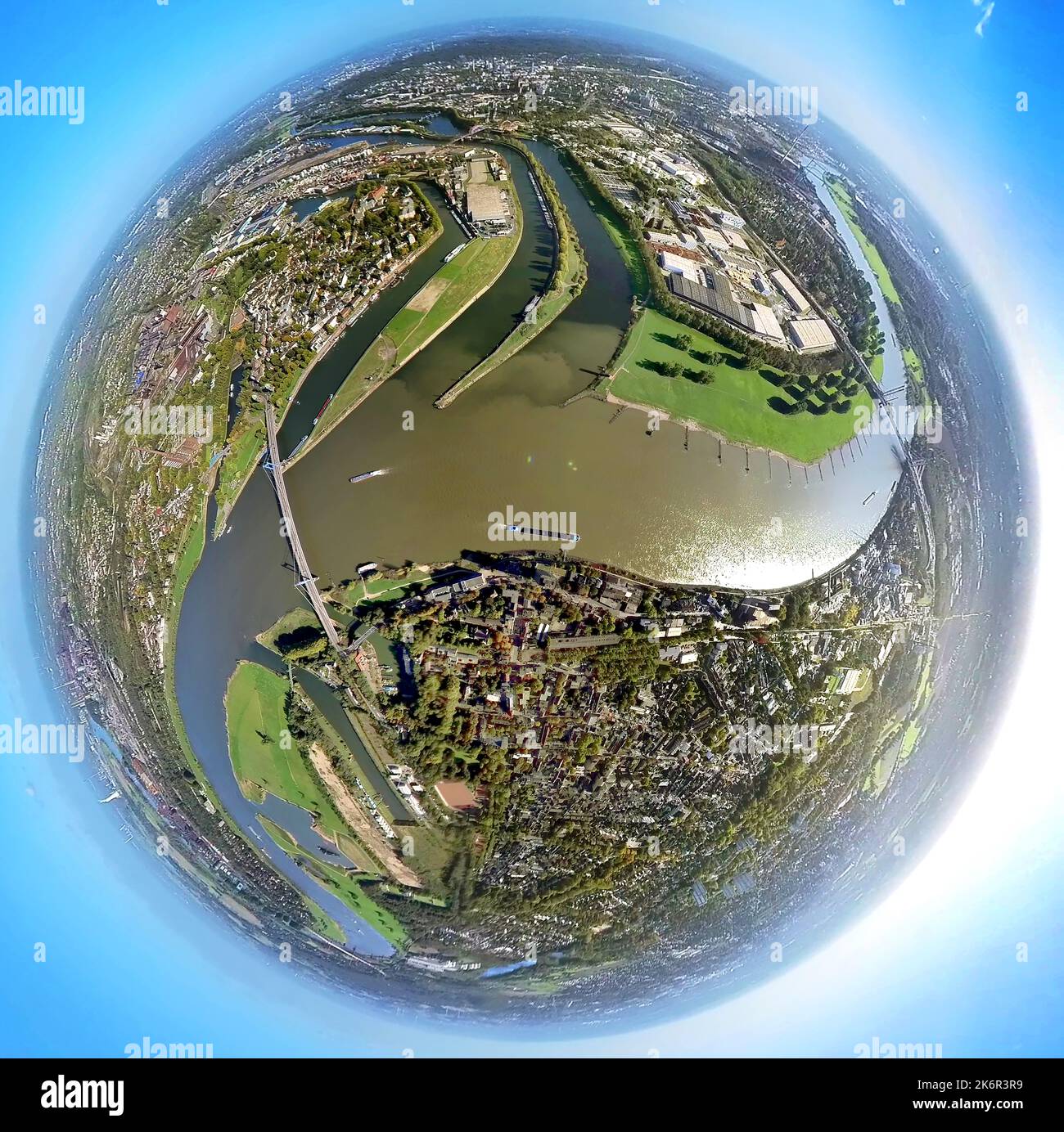 Aerial view, Duisport Duisburg port, river Ruhr mouth into river Rhine ...