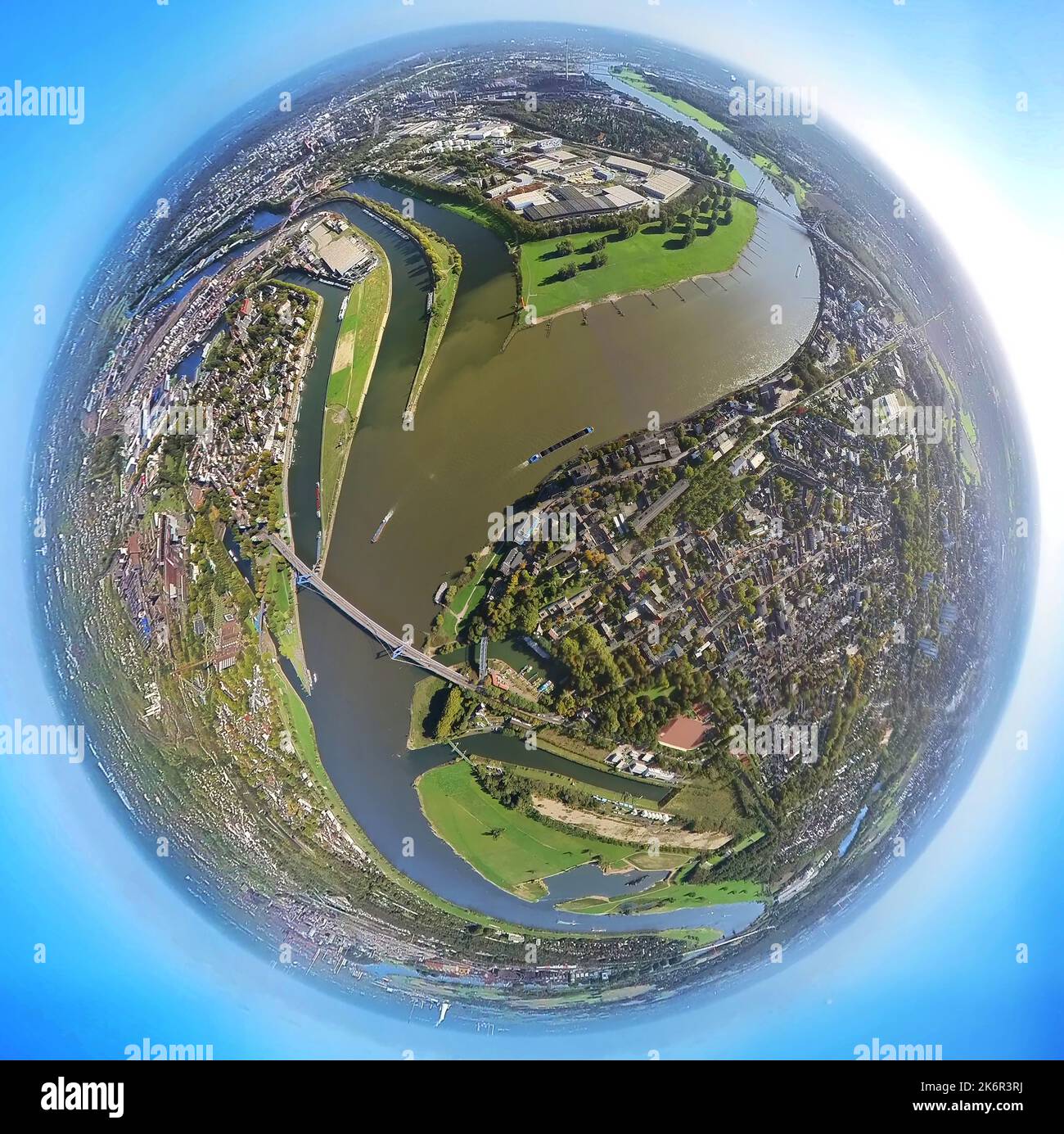 Aerial view, Duisport Duisburg port, river Ruhr mouth into river Rhine ...