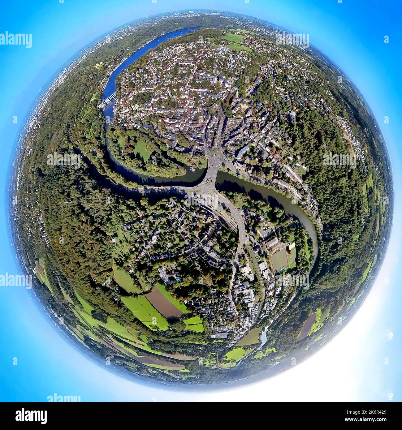 Aerial view, river Ruhr through Essen Werden, Brehminsel and Gustav ...