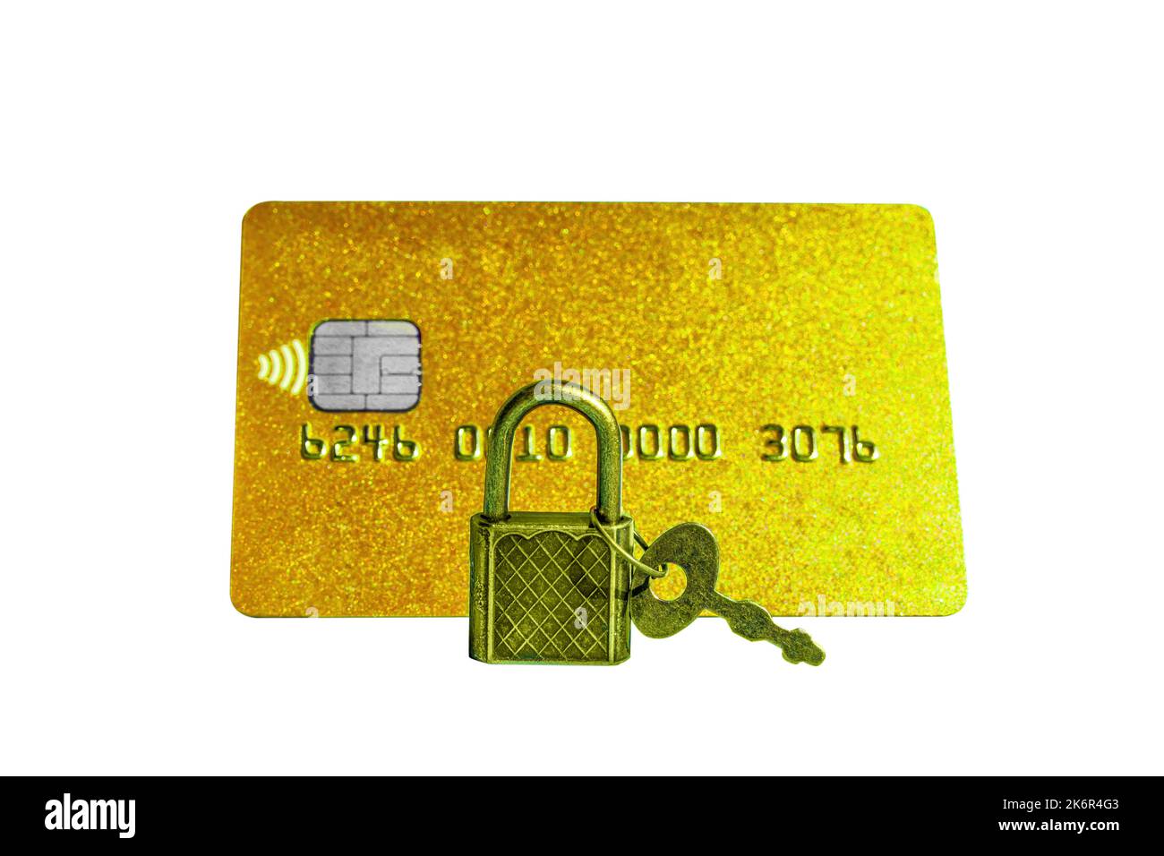 Golden credit card, padlock and key isolated on white background ...