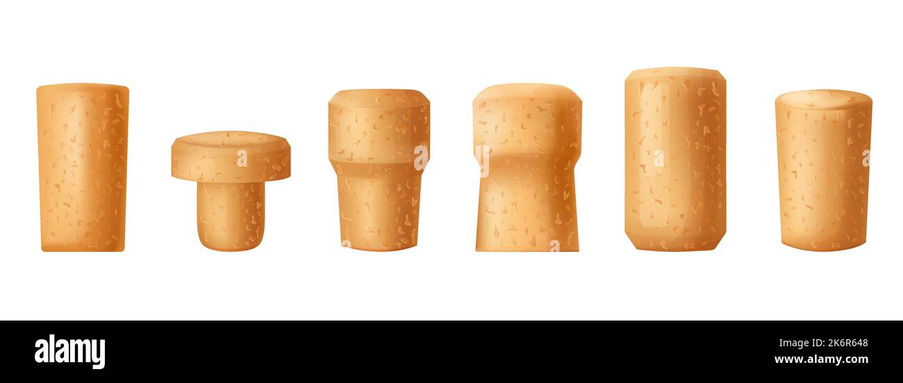 Set wine cork stopper, wooden textured cartoon style. Corkwood plug ...