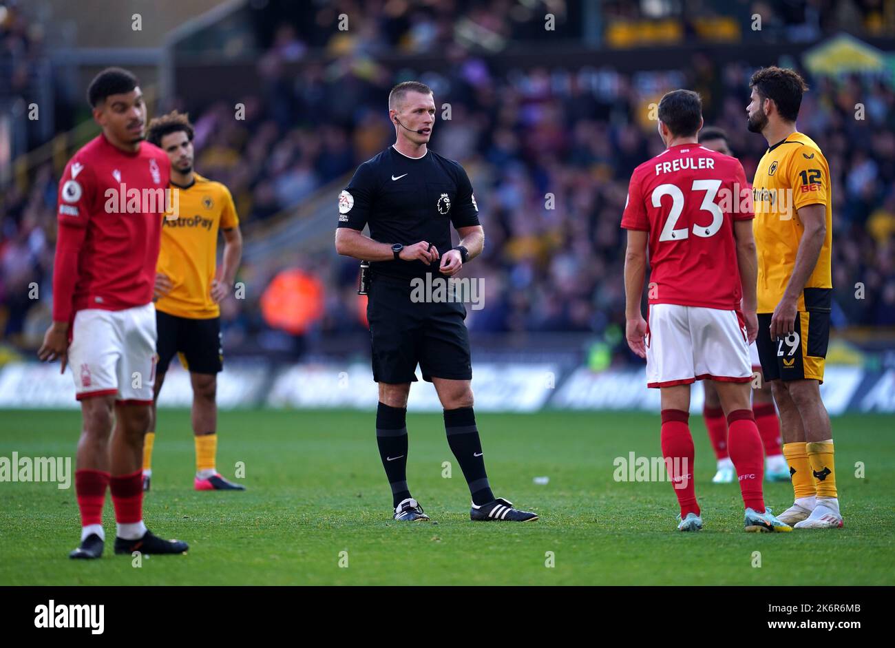 Referee Thomas Bramall waits for a VAR check during the Premier League ...