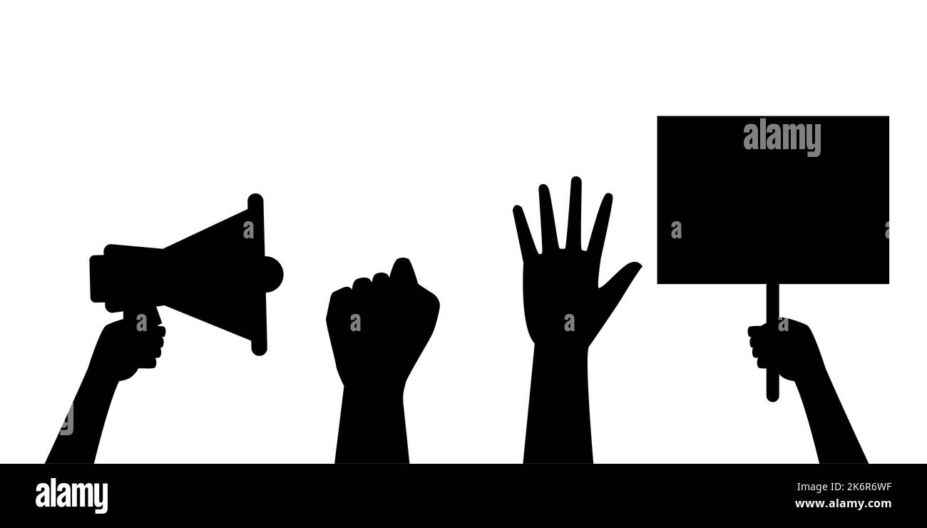 Activism, protest event human hands silhouettes on white background ...