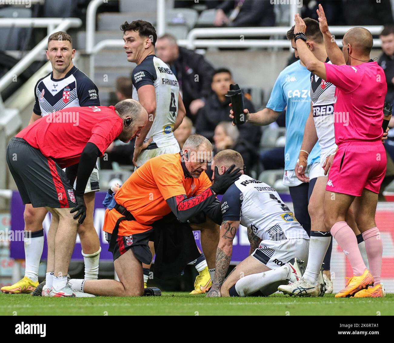 Sam Tomkins of England has a concussion check during the Rugby League ...