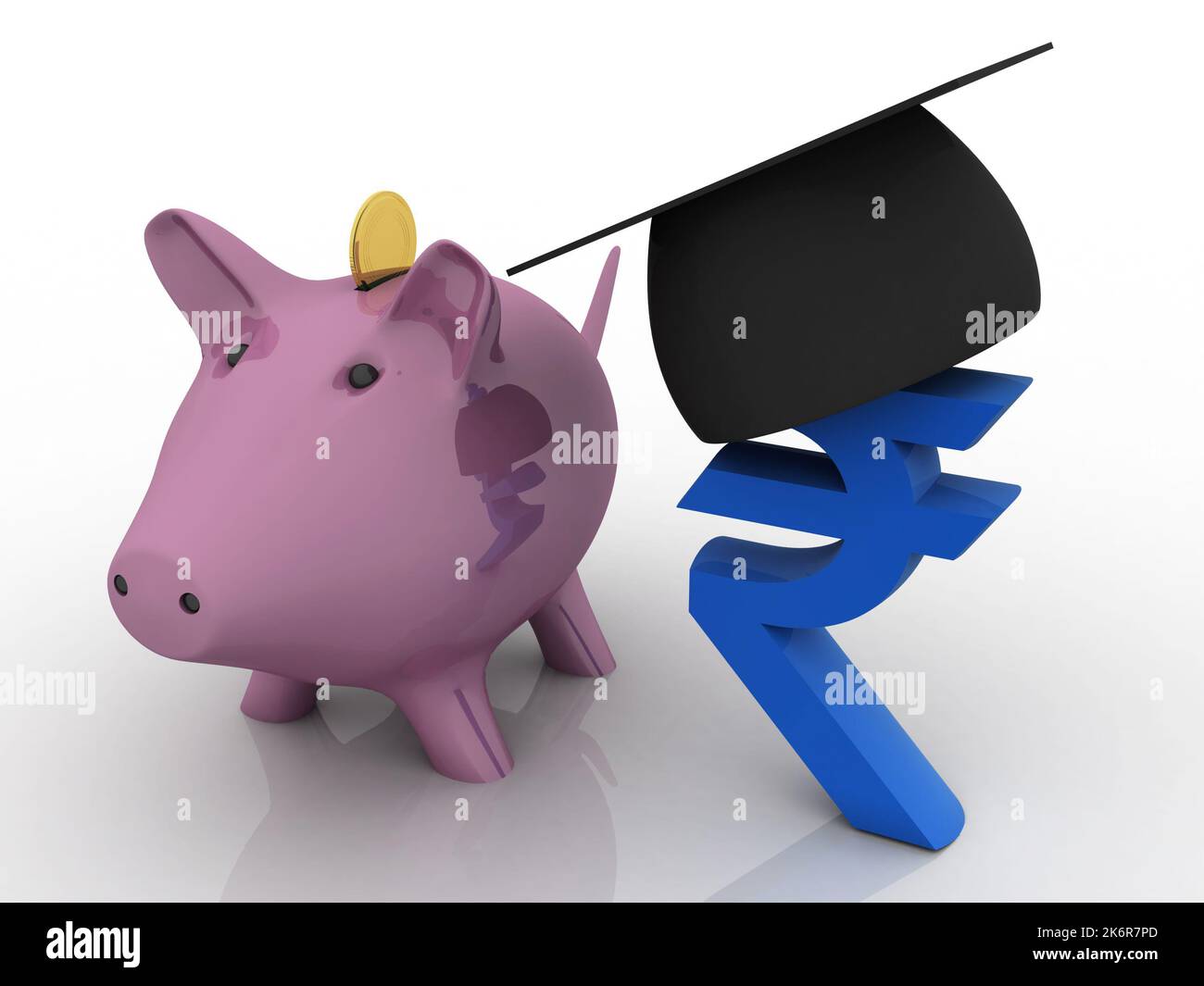 3D illustration graduate cap on Rupee currency sign balancing piggy ...