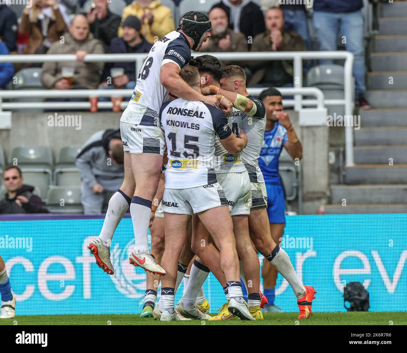 Herbie Farnworth of England celebrates his try during the Rugby League ...