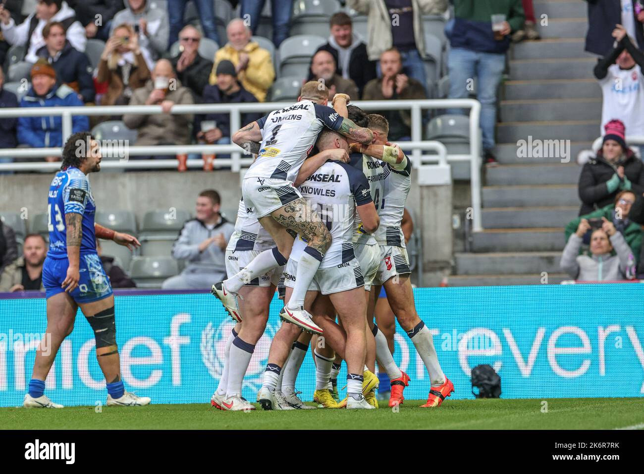 Herbie Farnworth of England celebrates his try during the Rugby League ...