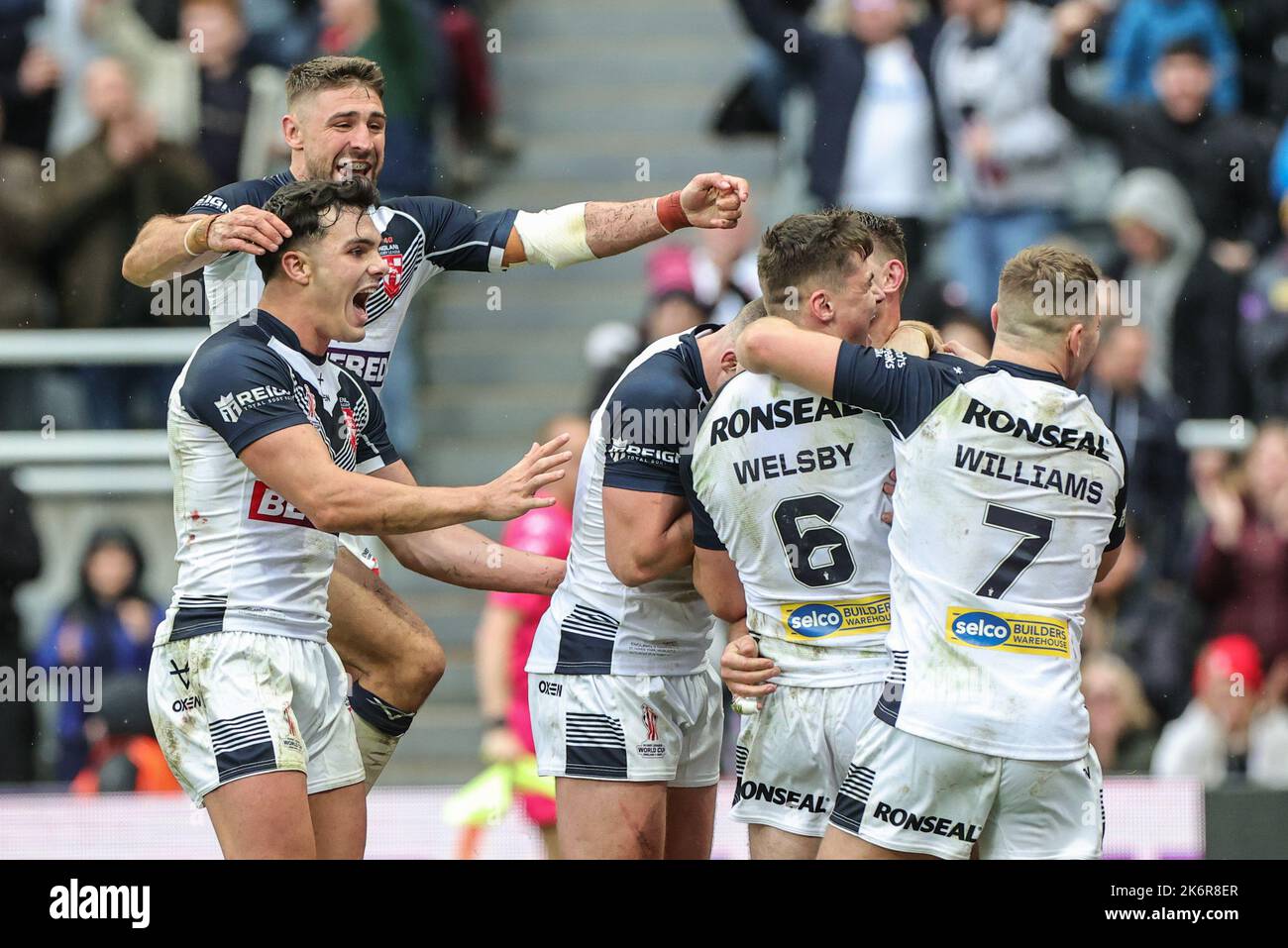 Elliott Whitehead of England celebrates his try during the Rugby League ...