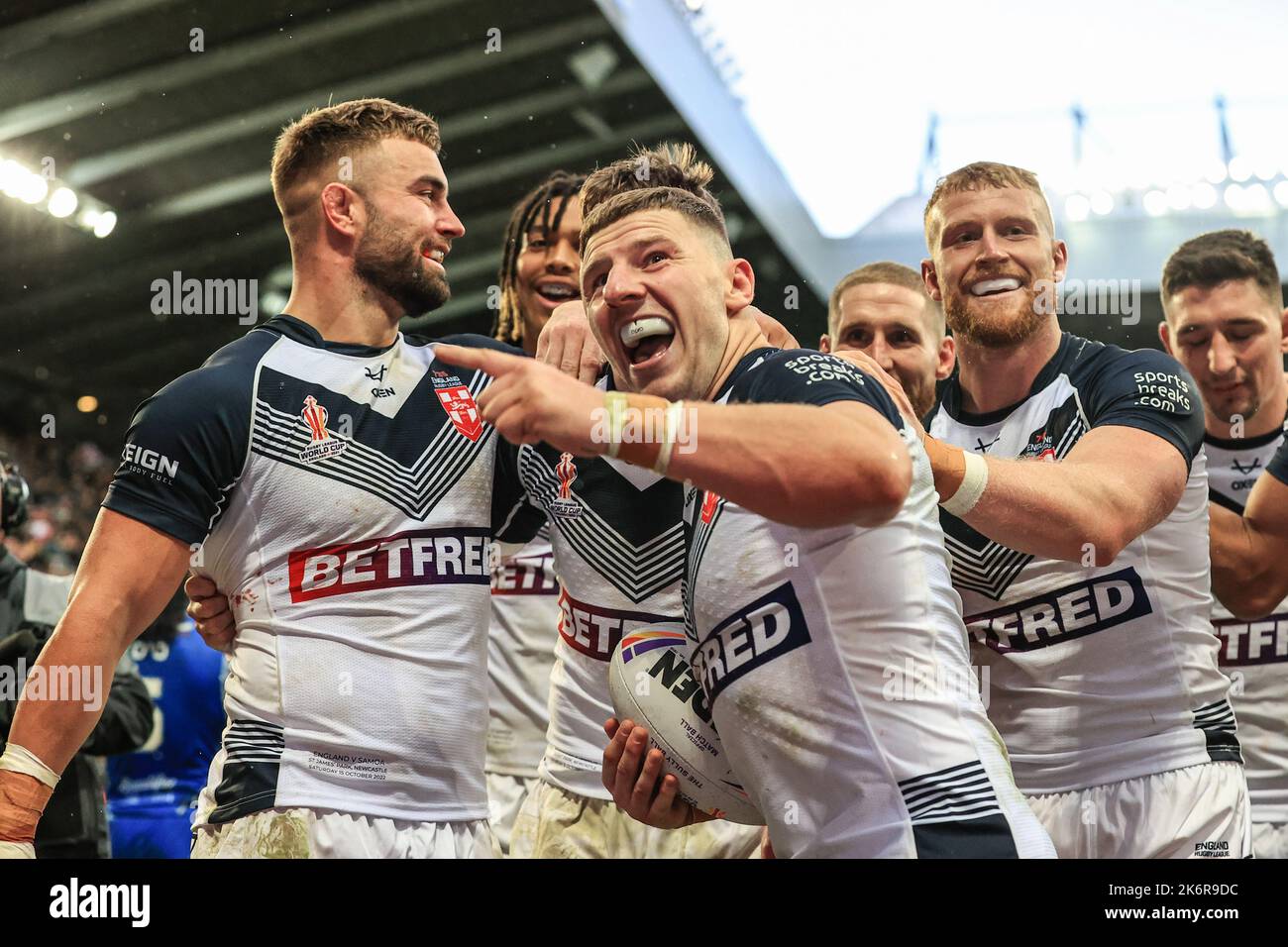 George Williams of England celebrates his try during the Rugby League ...