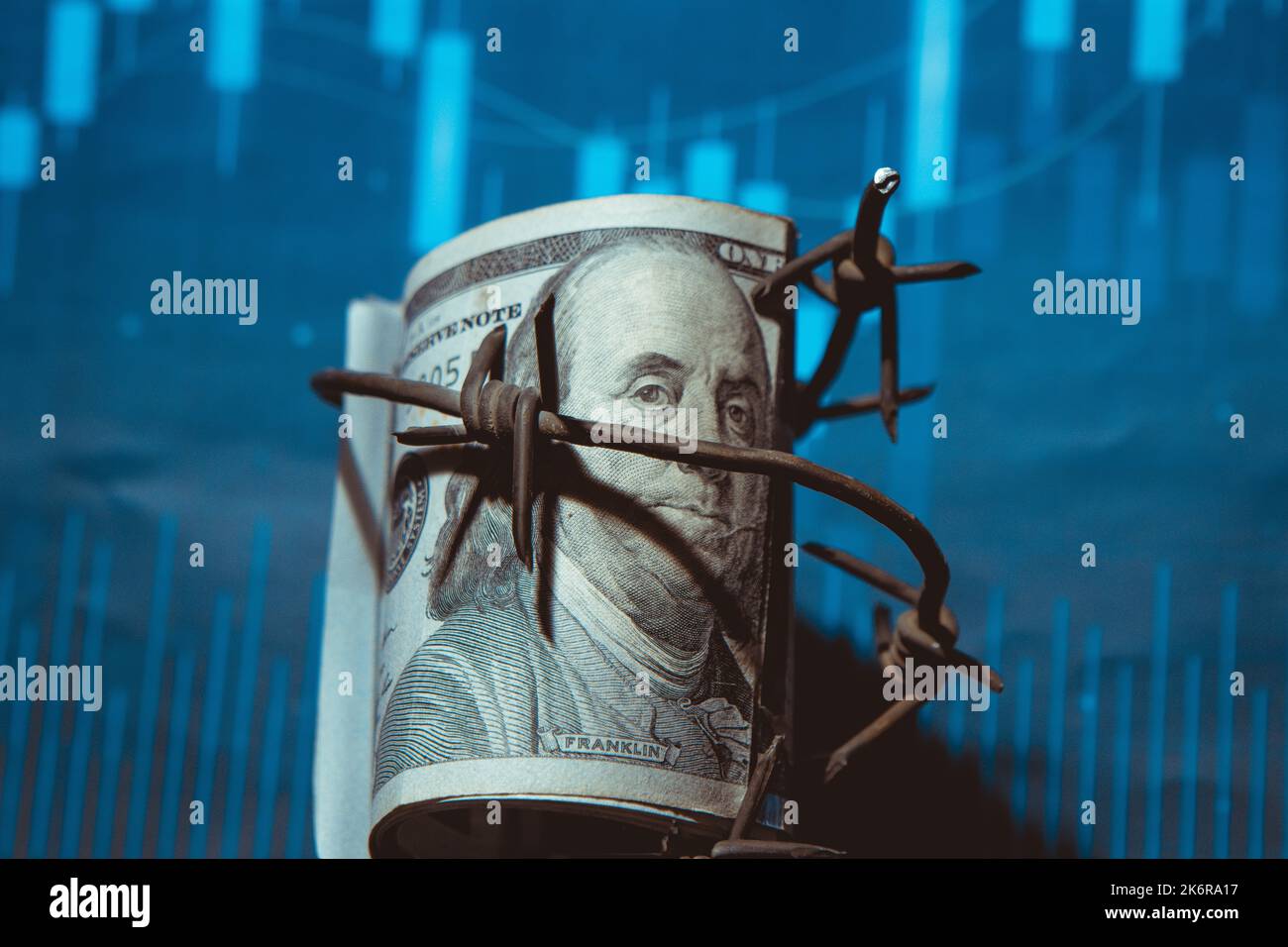 Dollar banknote with barbed wire, Economic crisis, background effect ...