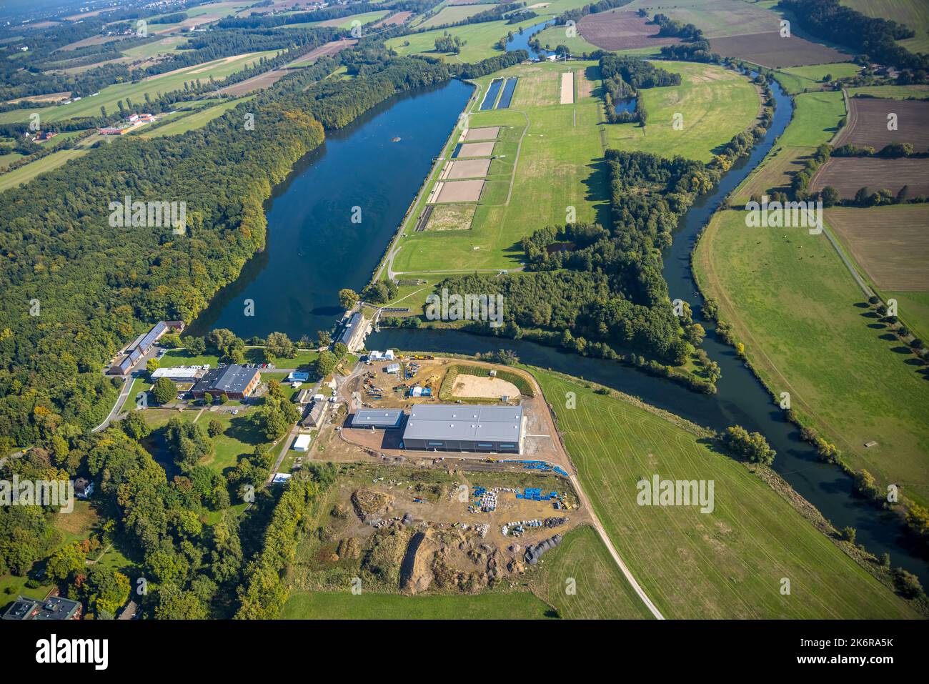 Aerial view, Hengsen reservoir, weir, Hengsen hydropower plant, AWWR ...