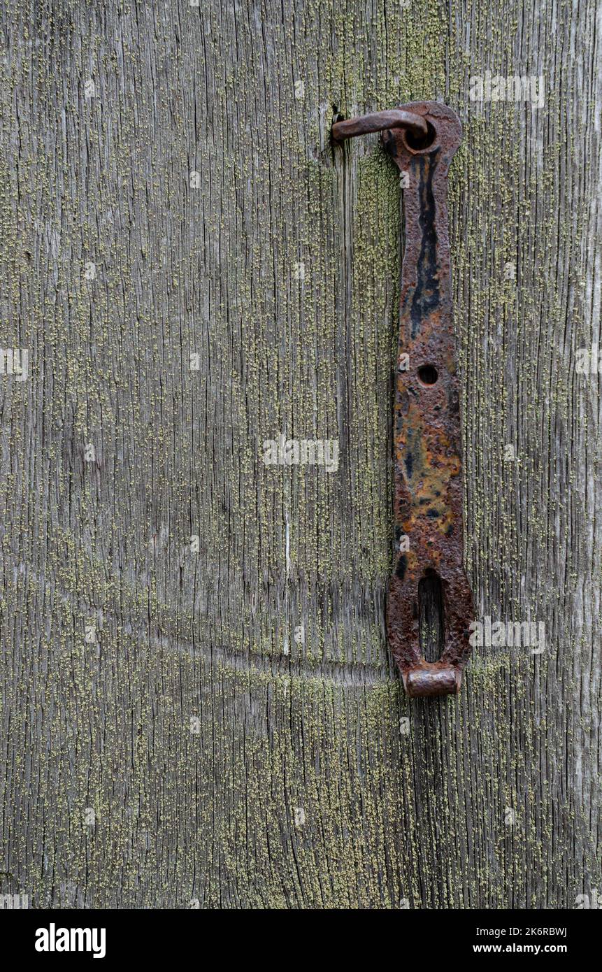 Rural wooden door with a metal hook minimalism, color, geometry, lines ...