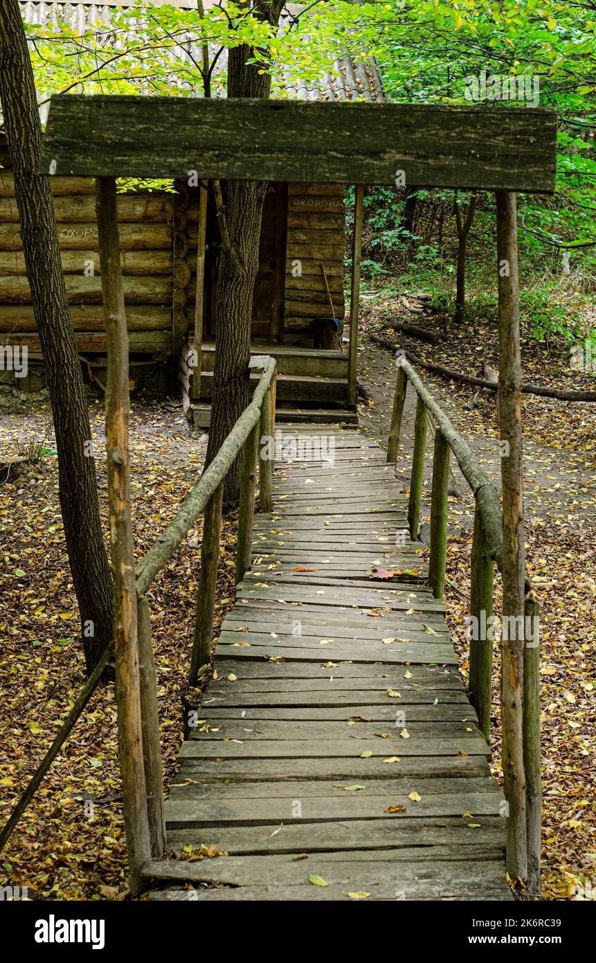 White old weathered door in the wooden wall of an ancient hut ...