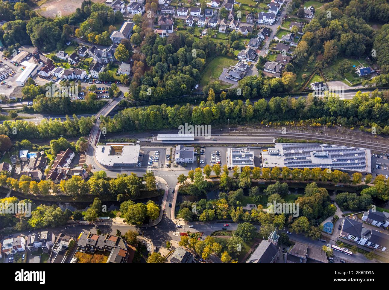 Aerial view, Menden train station, shopping mile Untere Promenade ...