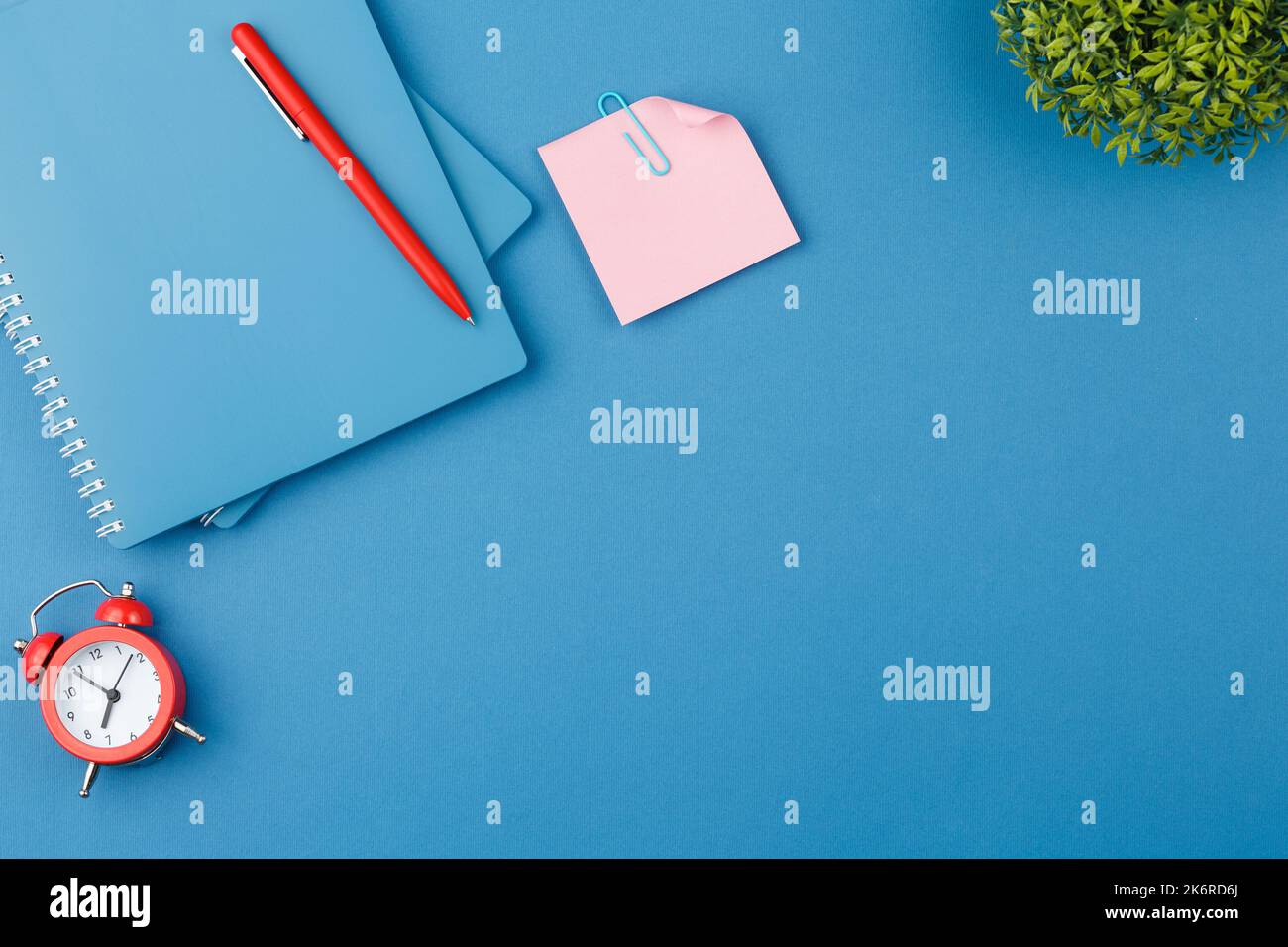 Notepad, pen, alarm clock, plant and note paper Stock Photo - Alamy