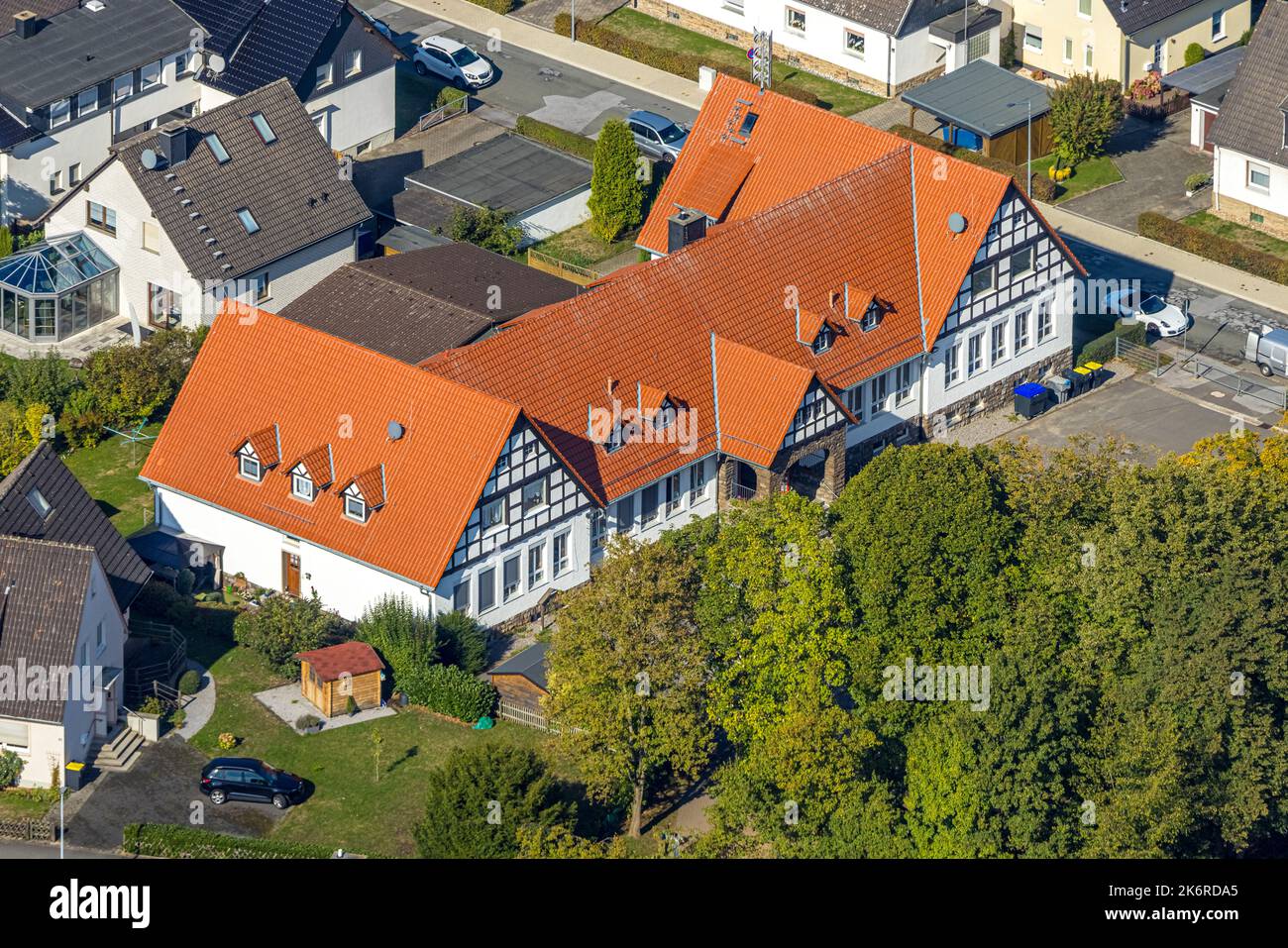 Aerial view, elementary school St. Michael, Schwitten, Menden, Ruhr area, North Rhine-Westphalia ...