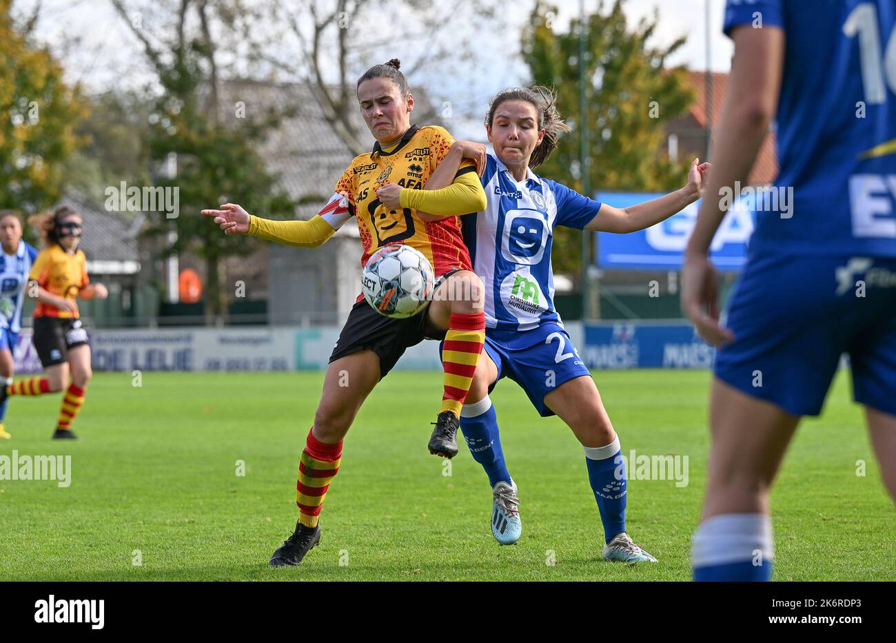 Matilde Drumont (14) of KV Mechelen pictured fighting for the ball with ...