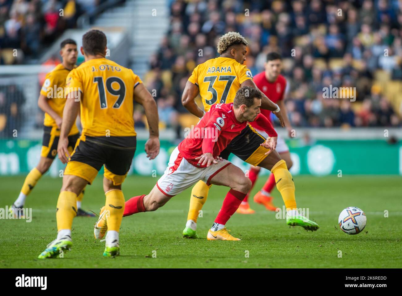 Harry Toffolo #15 of Nottingham Forest is knocked off the ball by Adama ...