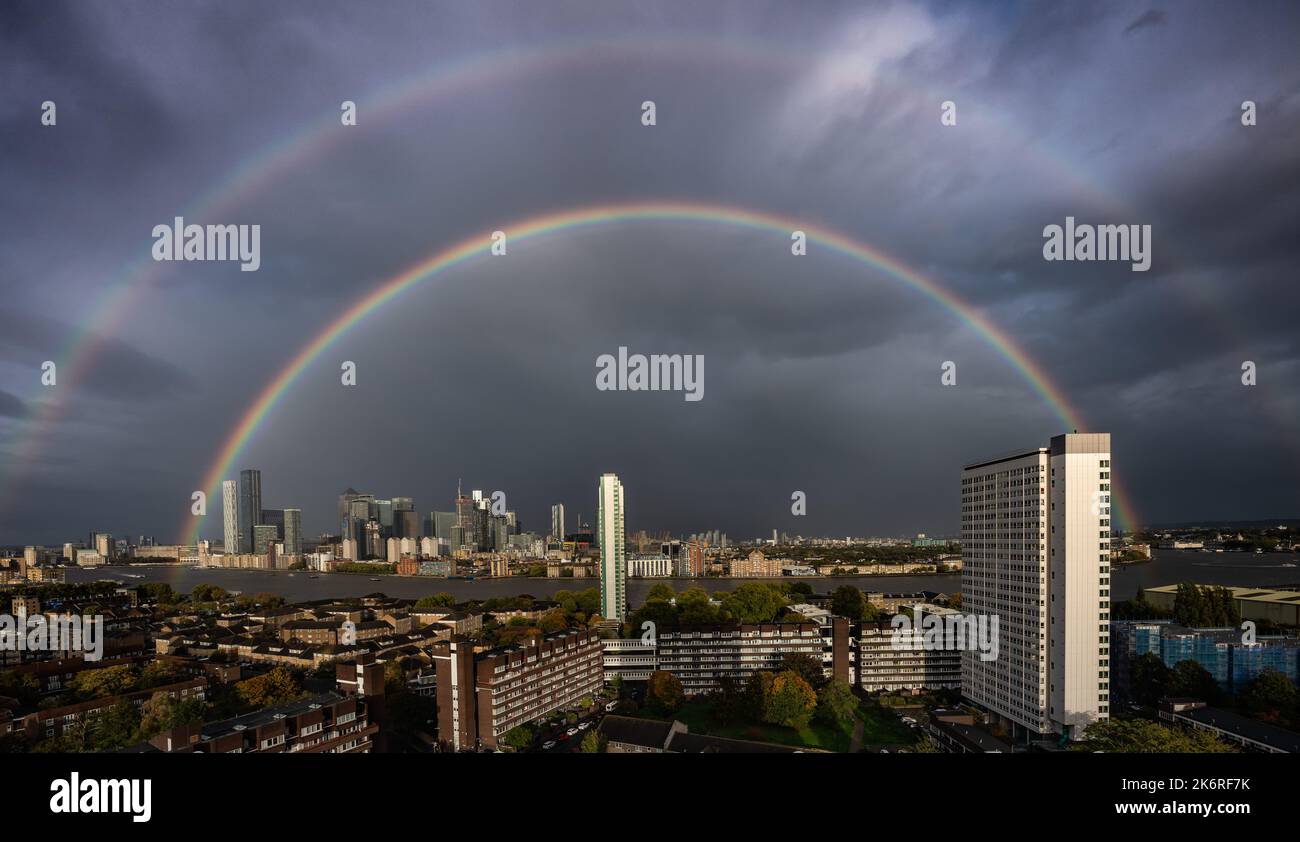London, UK. 15th October, 2022. UK Weather: A massive double rainbow ...