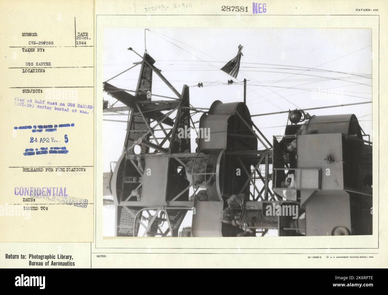 Photograph of Burial at Sea on USS Santee"Flag at half mast on USS ...