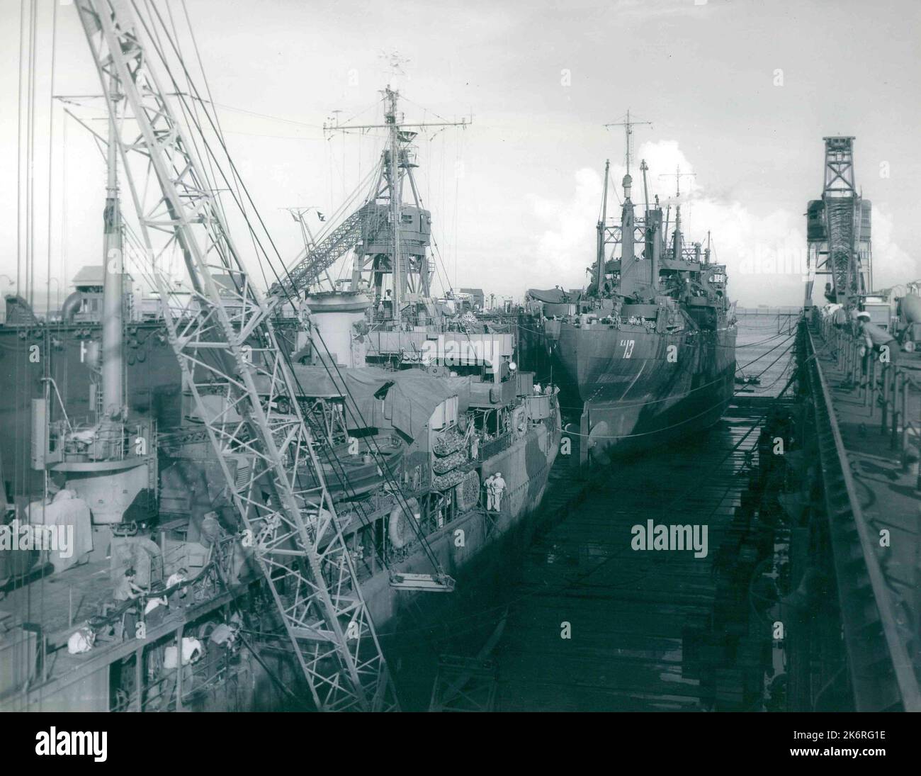 Photograph of USS Titania (AKA-13) and USS Mobjack (AGP-7)"USS TITANIA ...