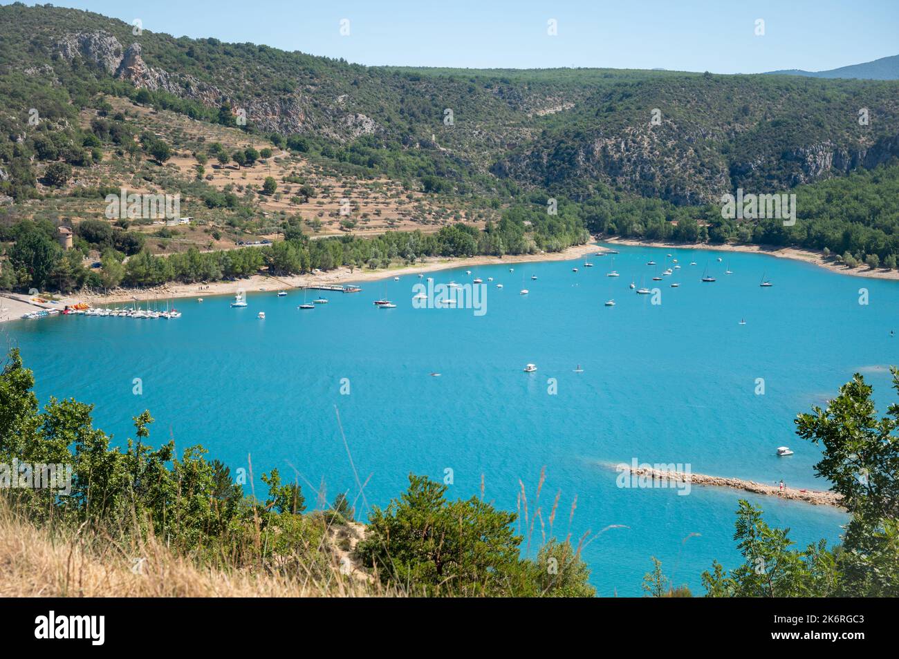 Panoramic aerial view of blue St. Croix lake in Verdon near Bauduen ...