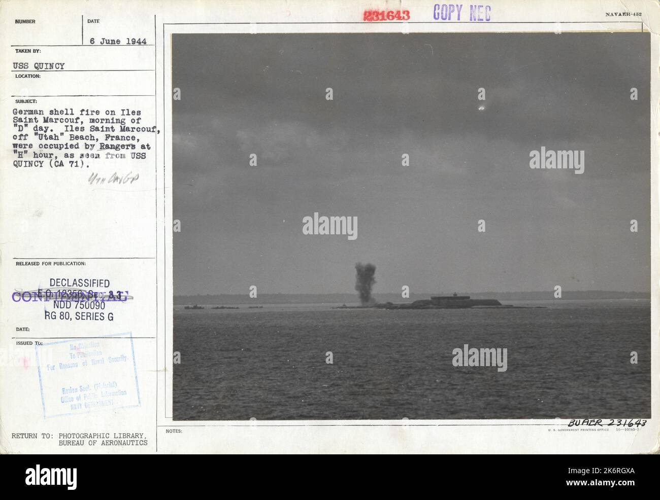 "Taken by USS Quincy. German shell fire on Iles Saint Marcouf, morning ...