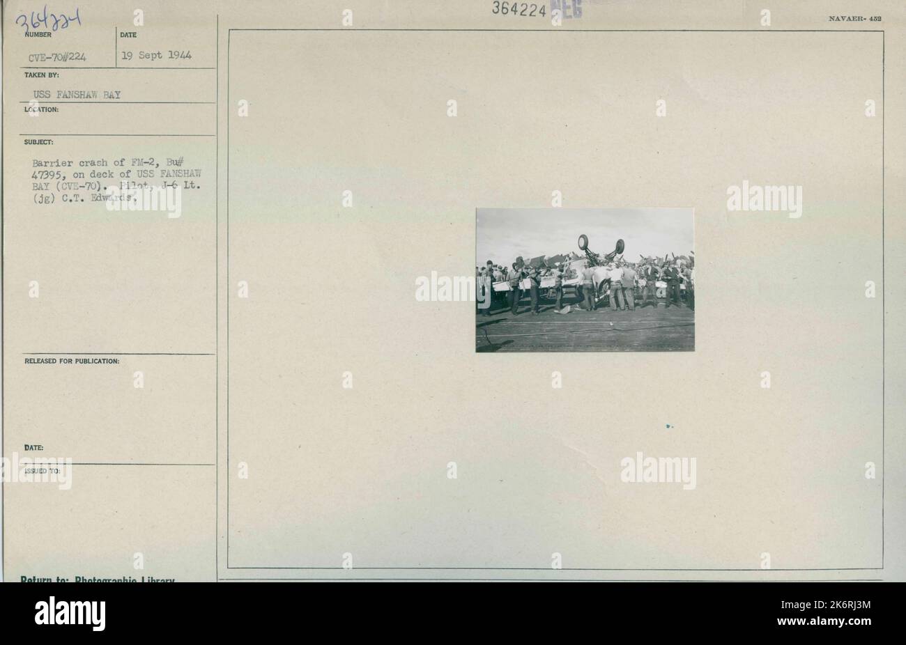 Photograph of Barrier Crash of FM-2 (Bu# 47395) on the Deck of the USS ...