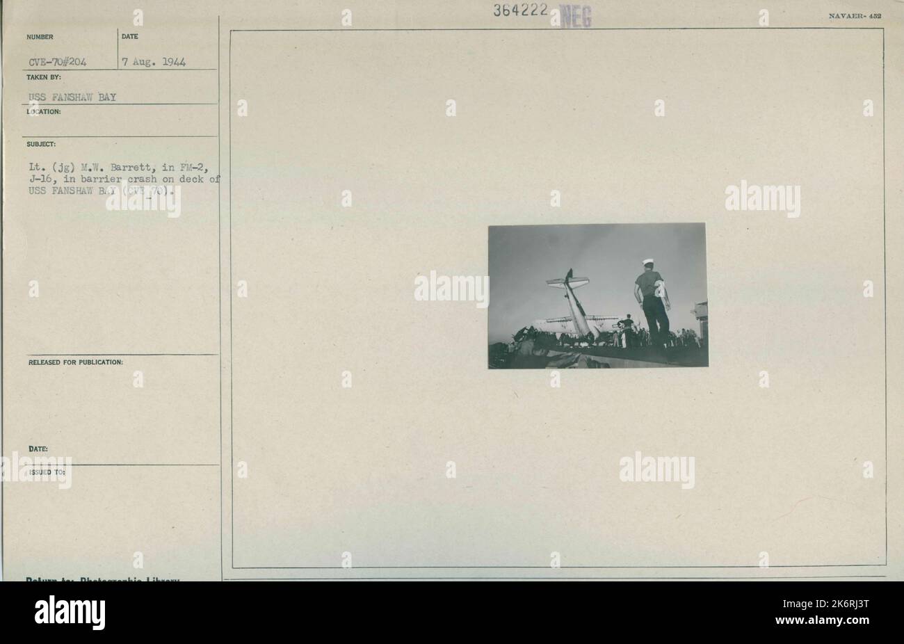 Photograph of Lt. (jg.) M.W. Barrett, in FM-1, J-16, in Barrier Crash ...