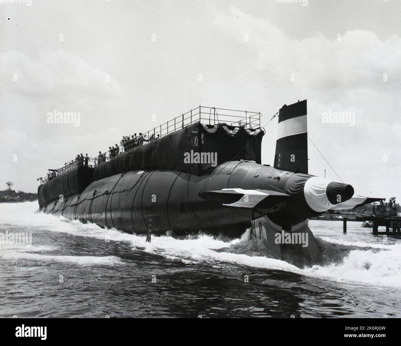 Launching of USS Thresher (SSN-593), Waterborne View of Ship From Stern ...