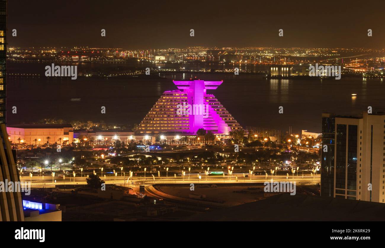 Doha, Qatar- October 10,2022 :Doha skyline with many business towers ...