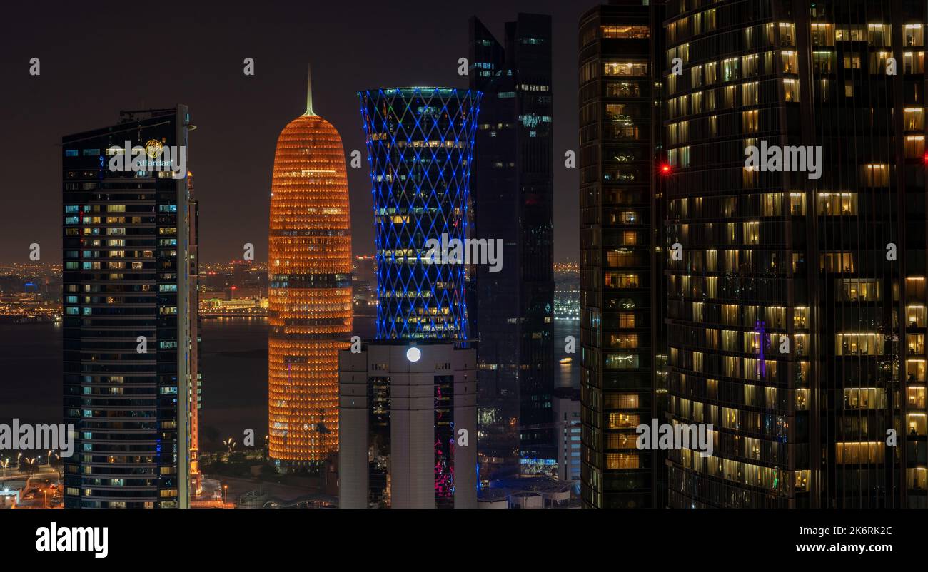 Doha, Qatar- October 10,2022 :Doha skyline with many business towers ...
