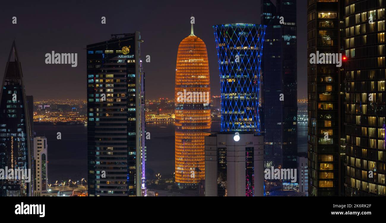 Doha, Qatar- October 10,2022 :Doha skyline with many business towers ...