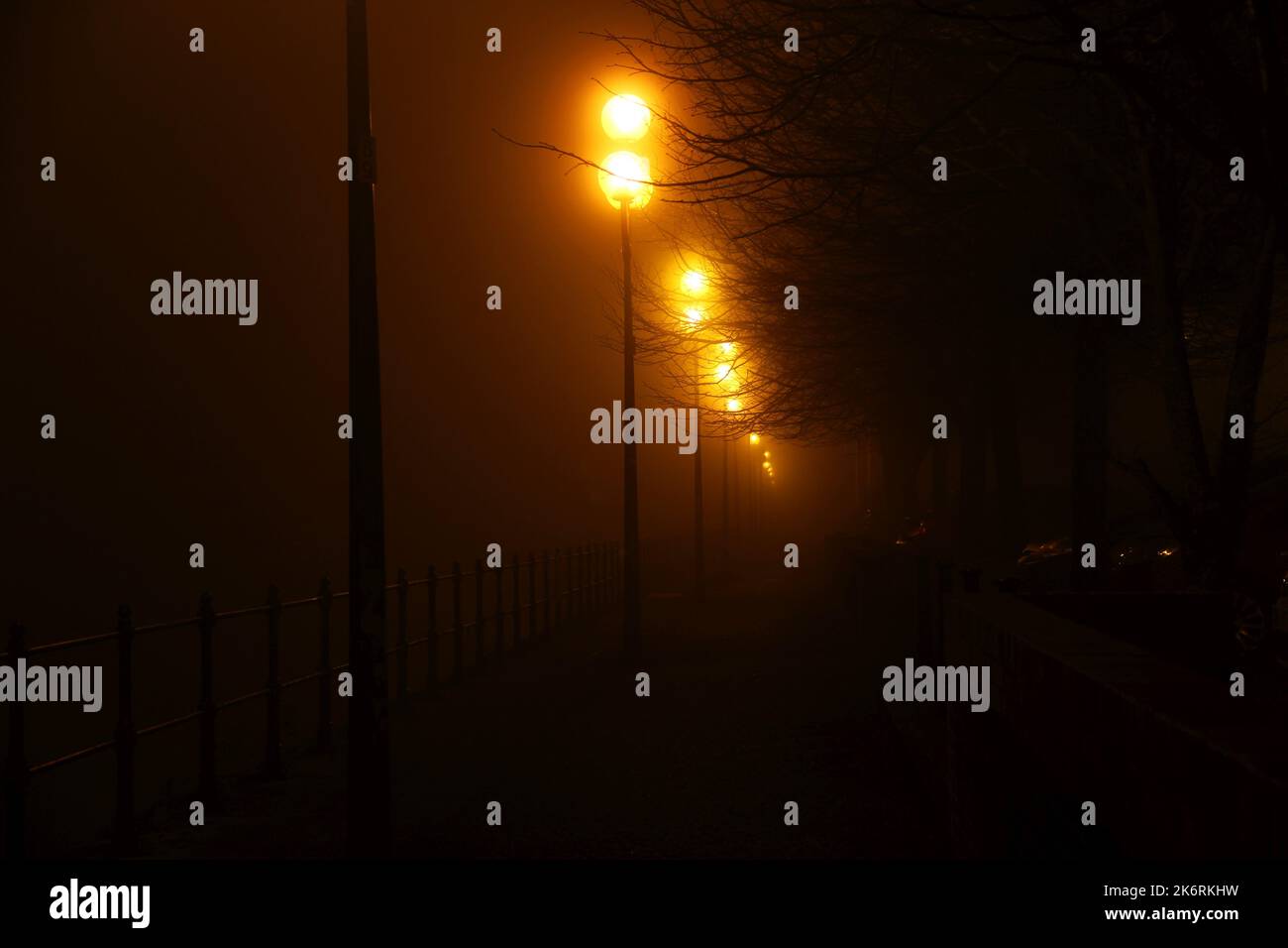 Row street lights fog hi-res stock photography and images - Alamy