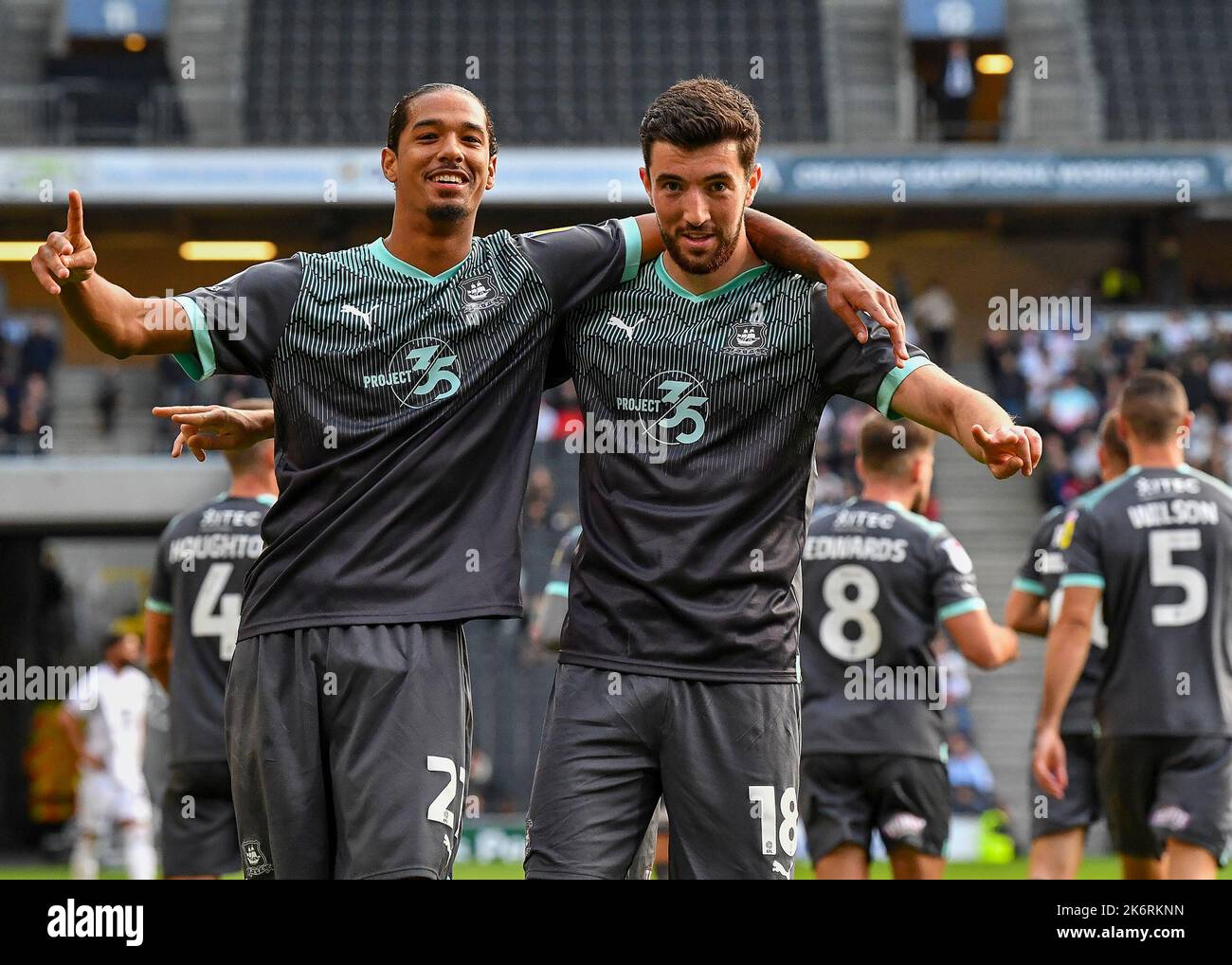 GOAL 1-4 Plymouth Argyle midfielder Finn Azaz (18) celebrates a goal ...