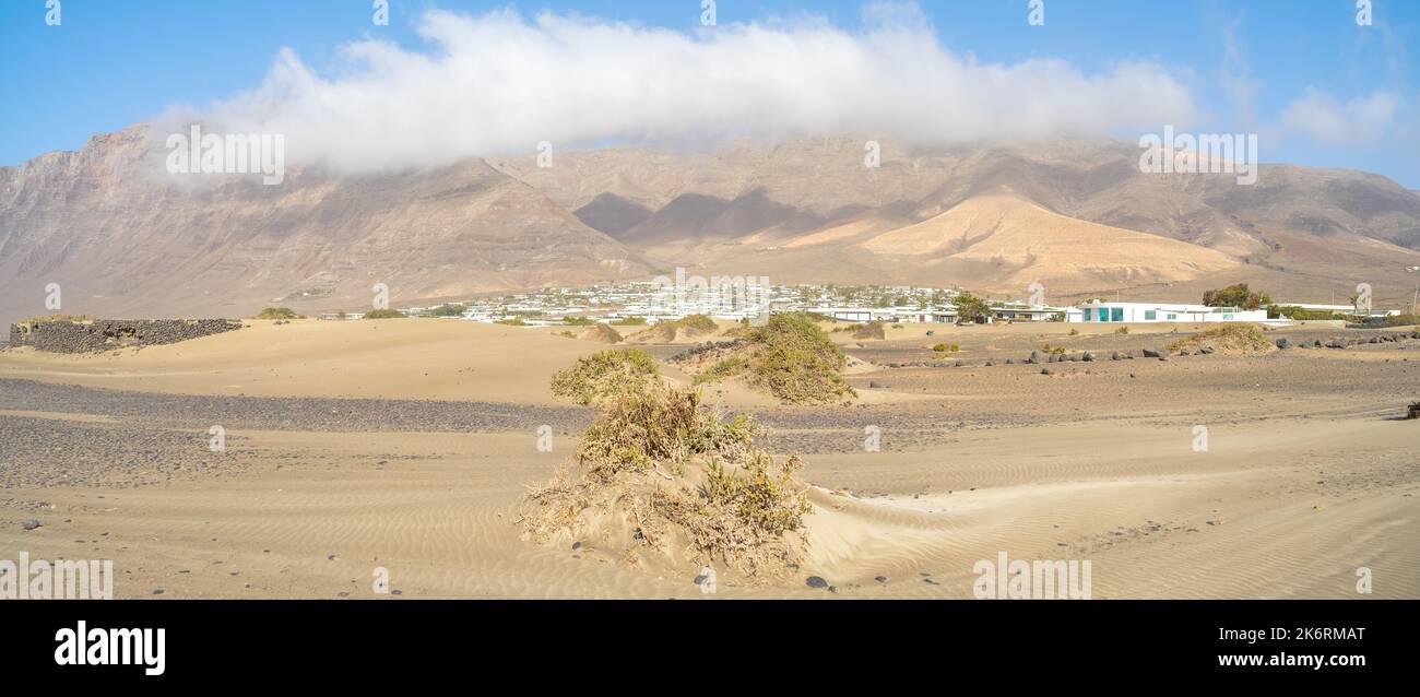 Panoramic view of typical natural scenery in the area of Famara Beach ...