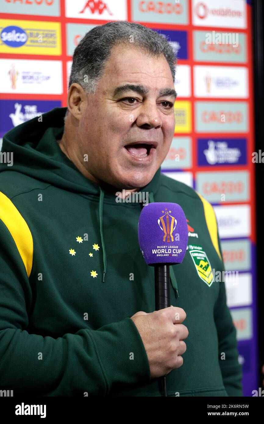 Australian head coach Mal Meninga being interviewed before the Rugby ...