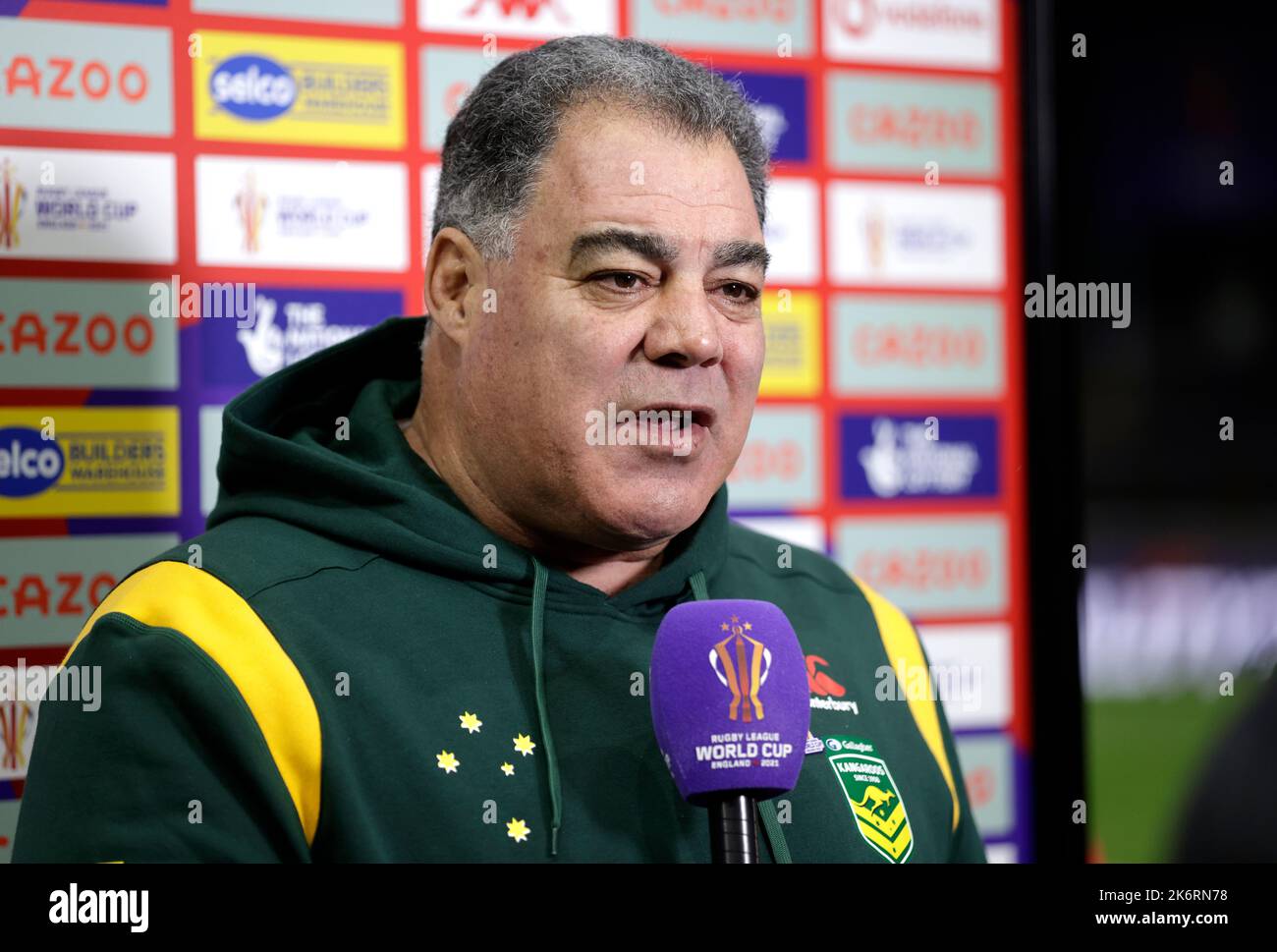 Australian head coach Mal Meninga being interviewed before the Rugby ...