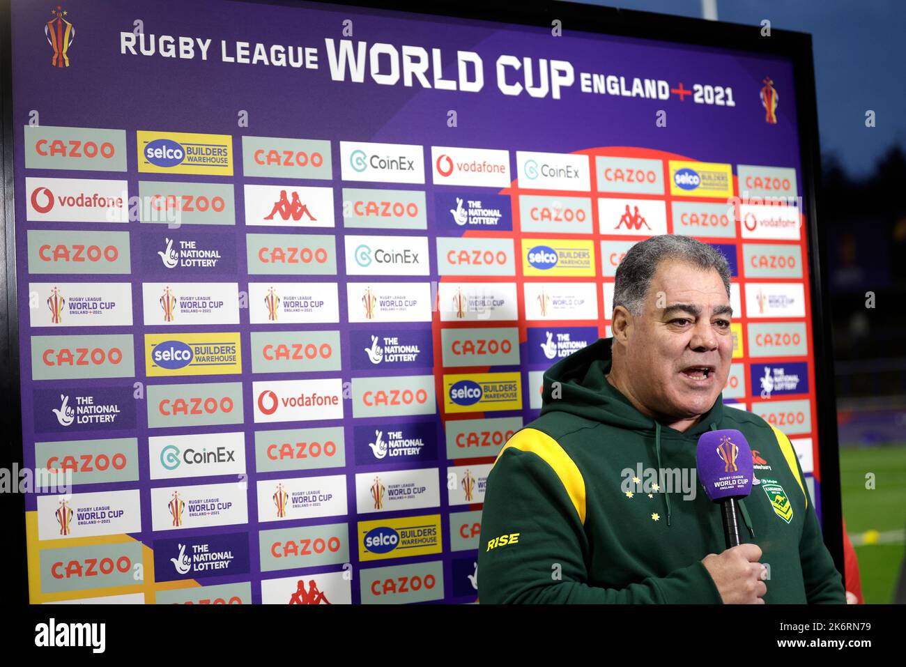 Australian head coach Mal Meninga being interviewed before the Rugby ...