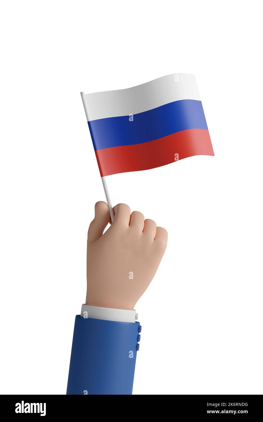 Cartoon hand with the flag of Russia isolated on white background. 3d ...