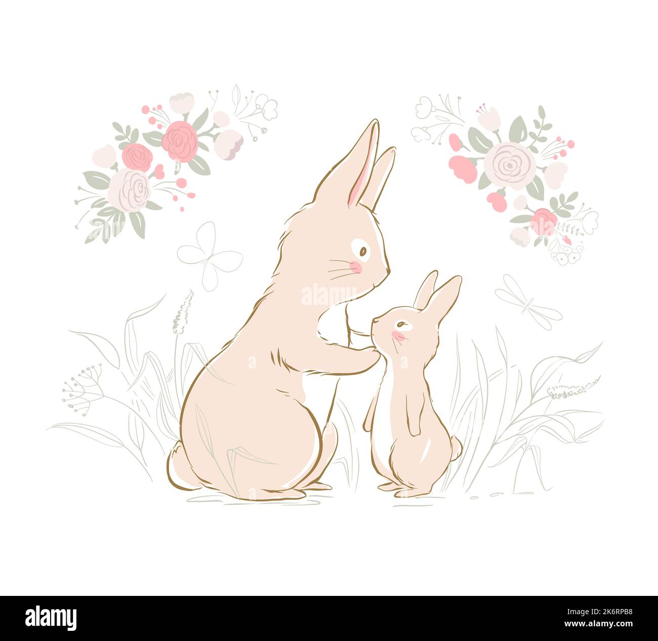 Vector illustration of the mother bunny and baby bunny. Mother and baby rabbits surrounded by ...