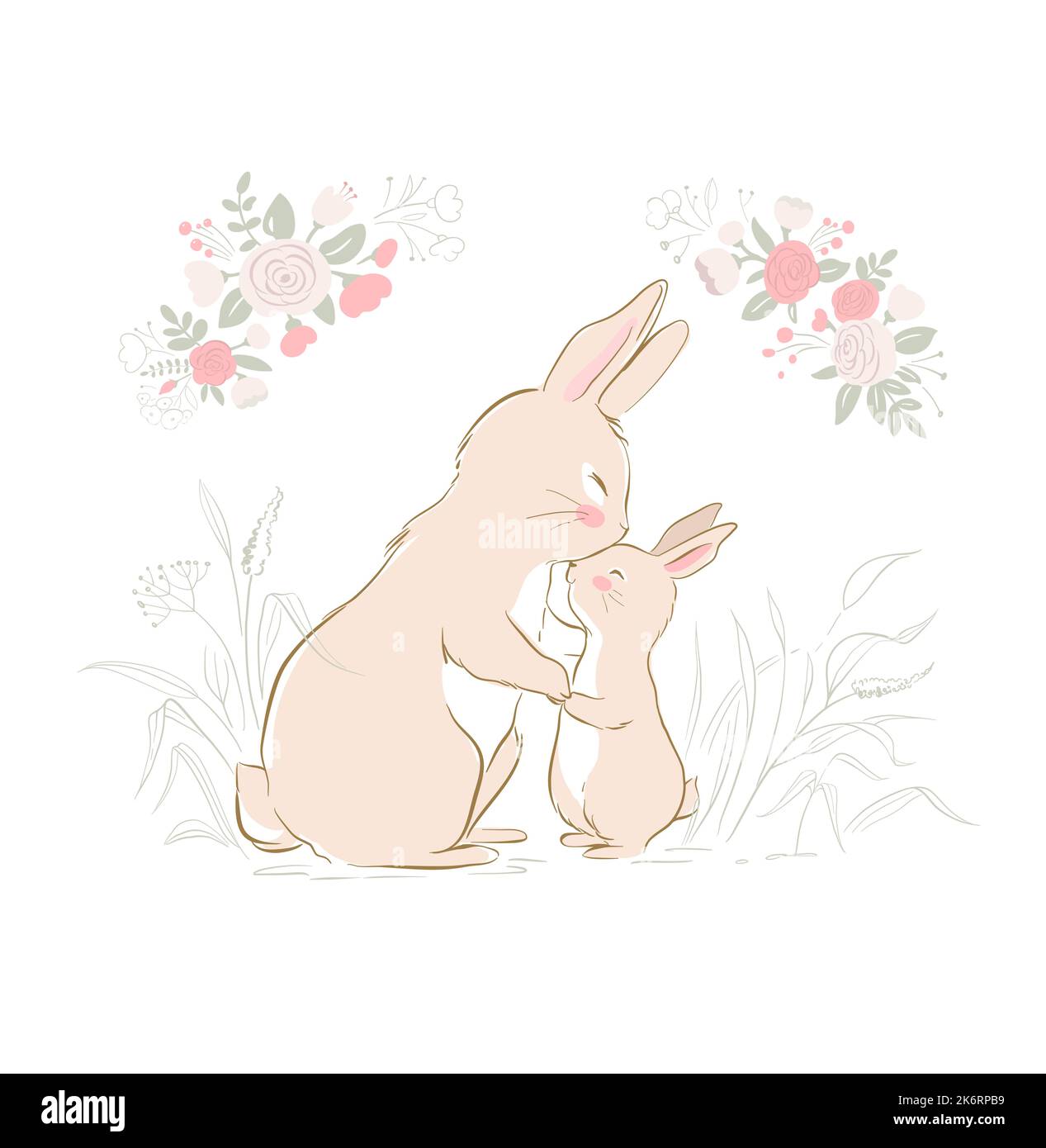 Vector illustration of the mother bunny and baby bunny. Mother hugs and ...