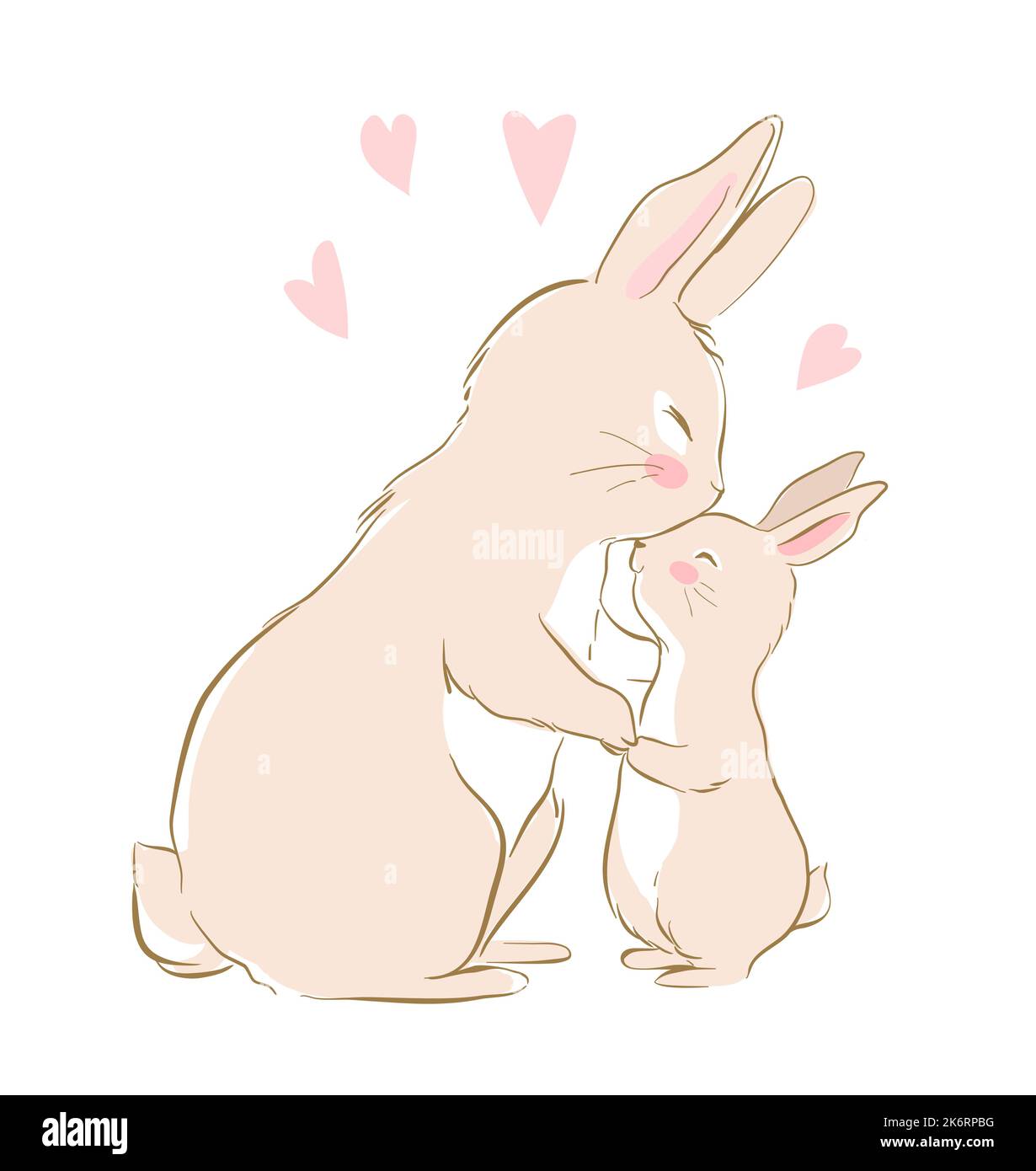 Vector illustration of the mother bunny and baby bunny. Mother hugs and ...