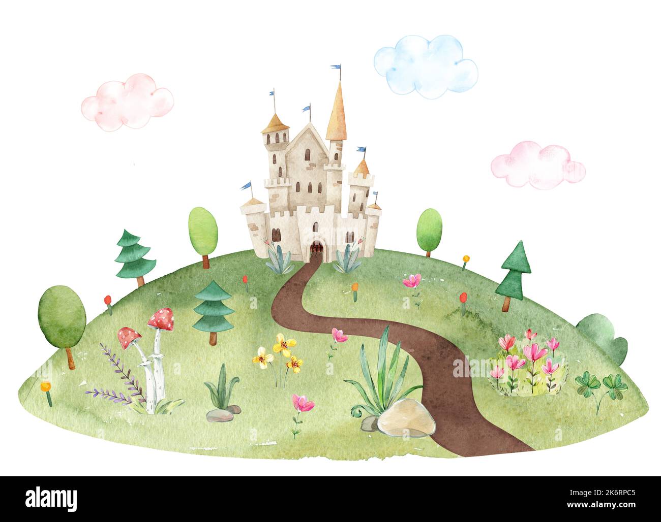 Childish watercolor illustration of summer scenery meadow with ground ...