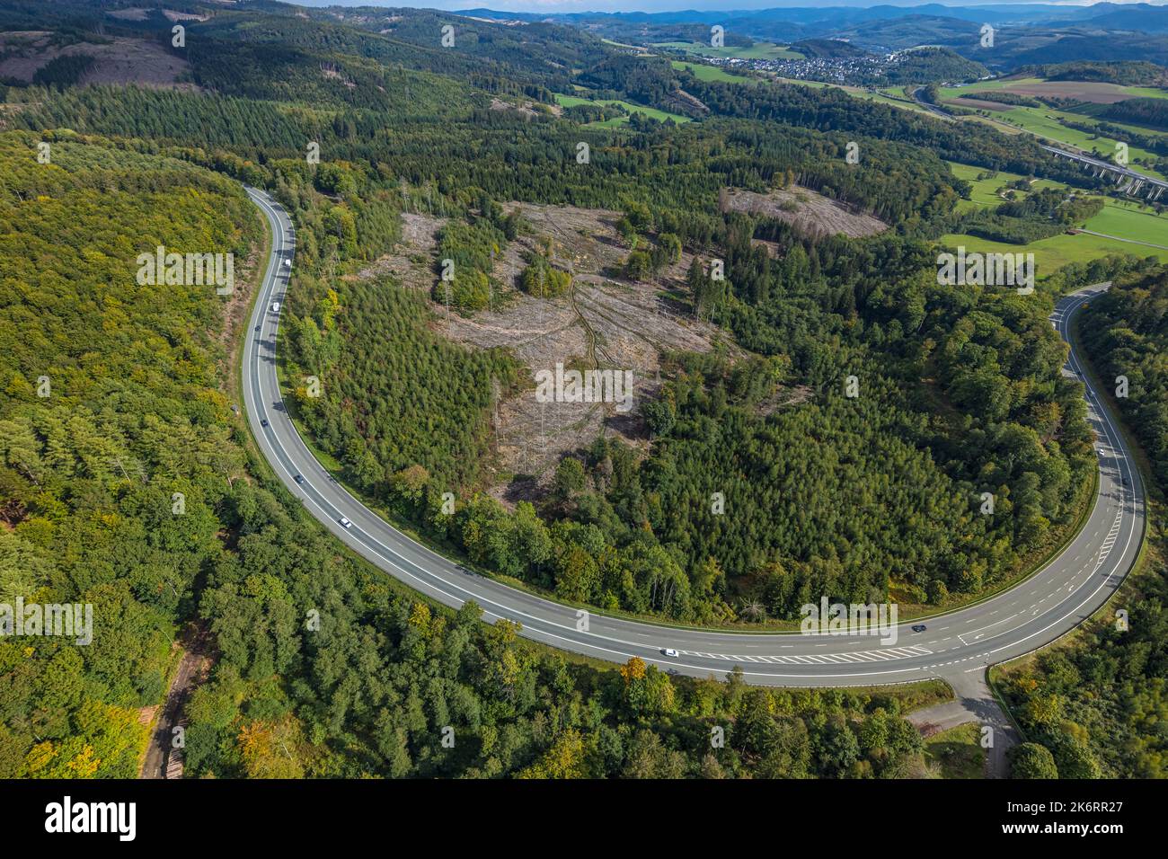Aerial view, long S-curve federal road B55, forest damage, forest ...