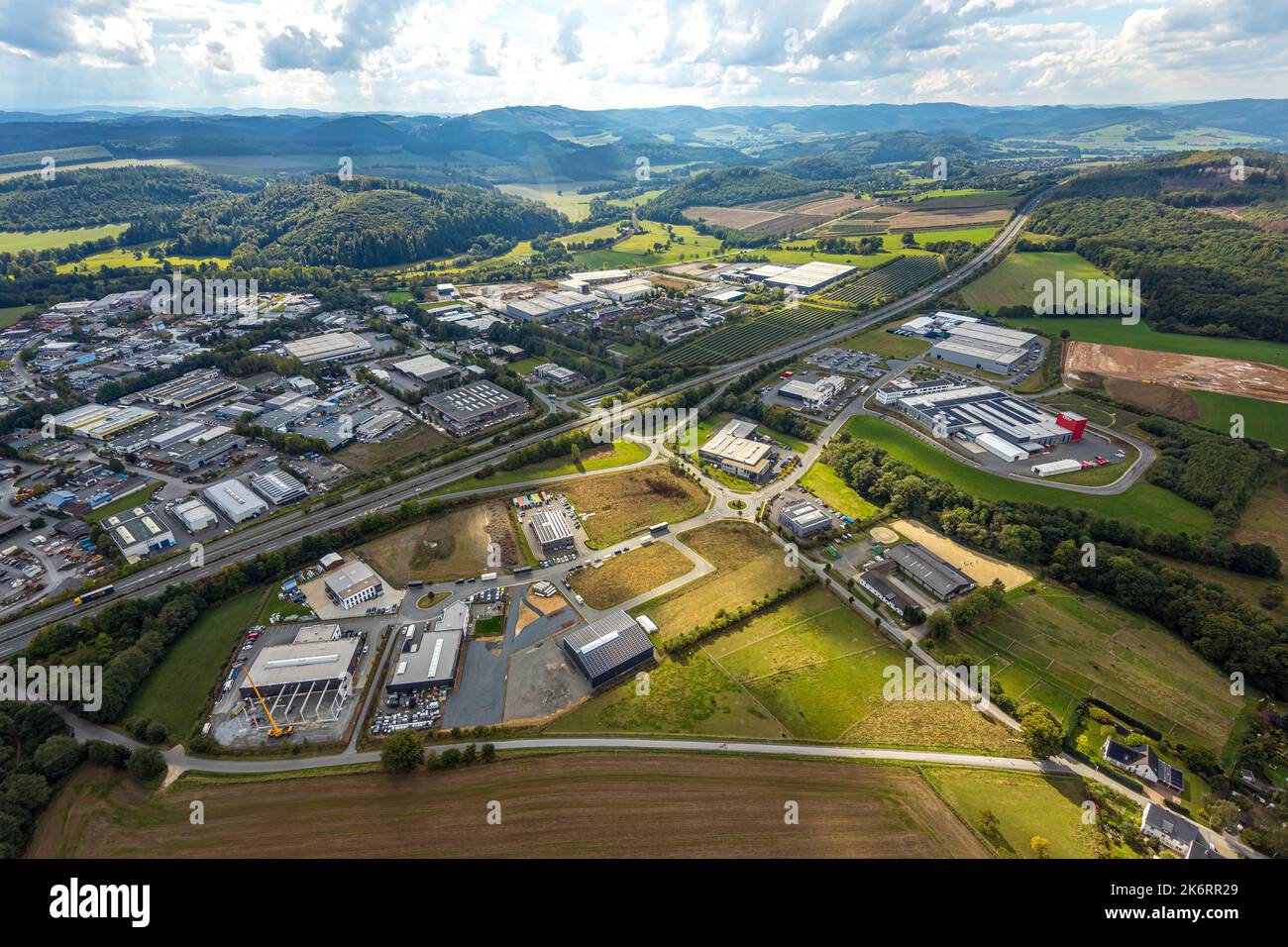 Aerial view, Enste industrial park on the A46 freeway, Enste, Meschede ...