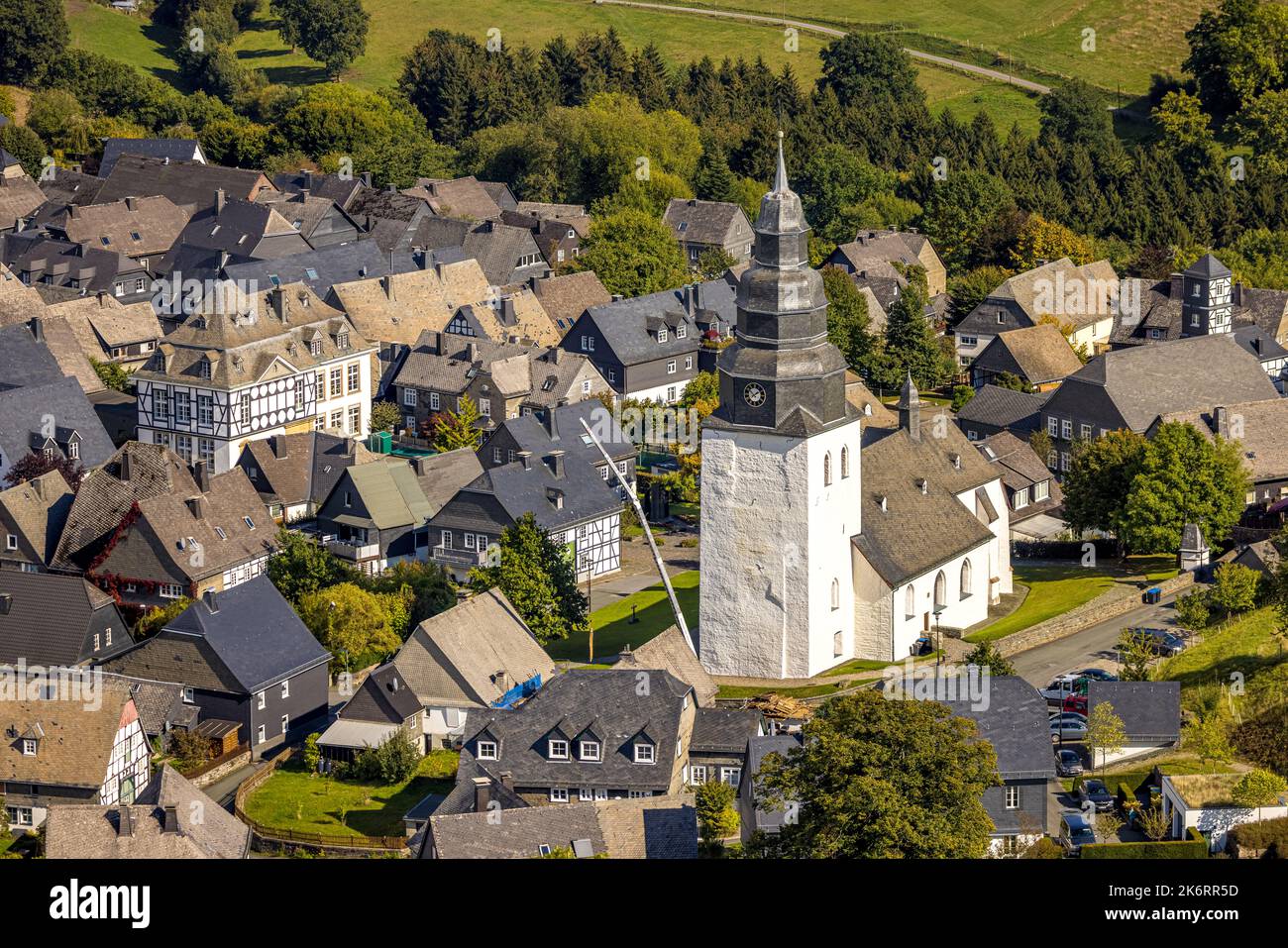 Aerial view, historical town center, church St. Johannes Evangelist ...