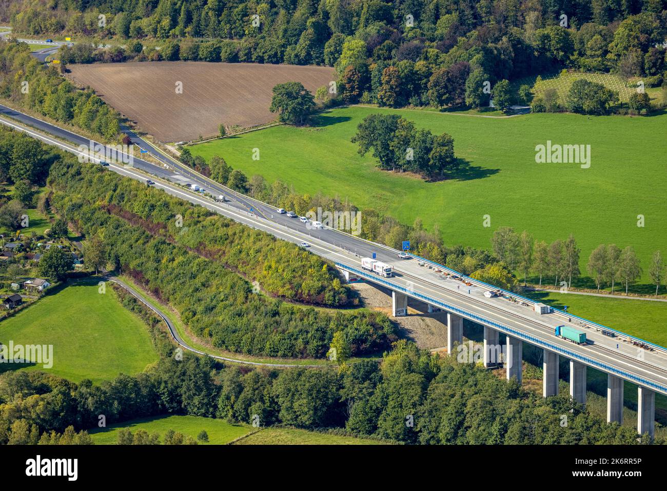 Aerial view, construction site at the Meschede exit of the A46 freeway ...