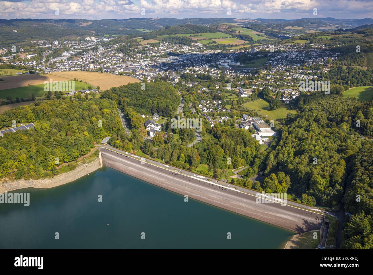 Aerial view, Hennesee dam, Himmelstreppe, Meschede town, Meschede ...
